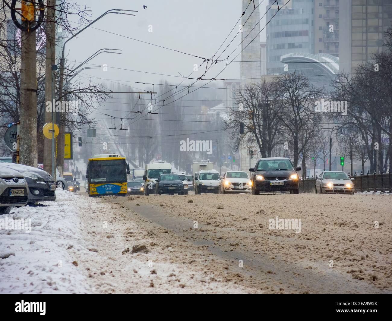 2021-02-07 Kyiv, Ukraine. Traffic jams during extremely heavy snowfall ...