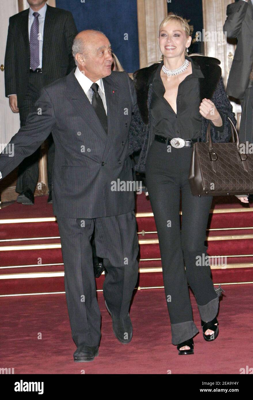 US actress Sharon Stone and Mohammed Al Fayed leave the Ritz hotel to ...