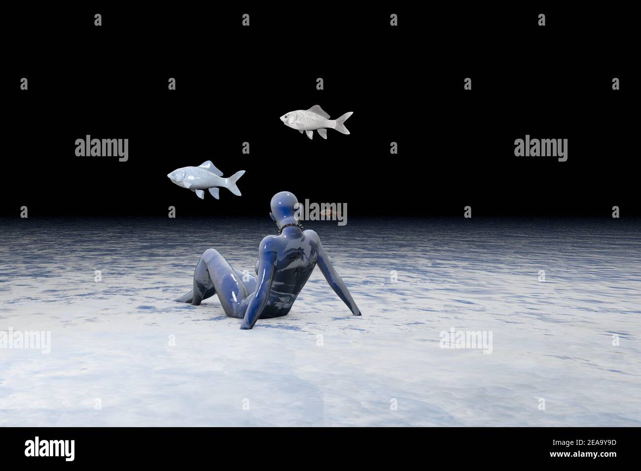 3D rendering of a person figure sitting underwater with fish swimming ...