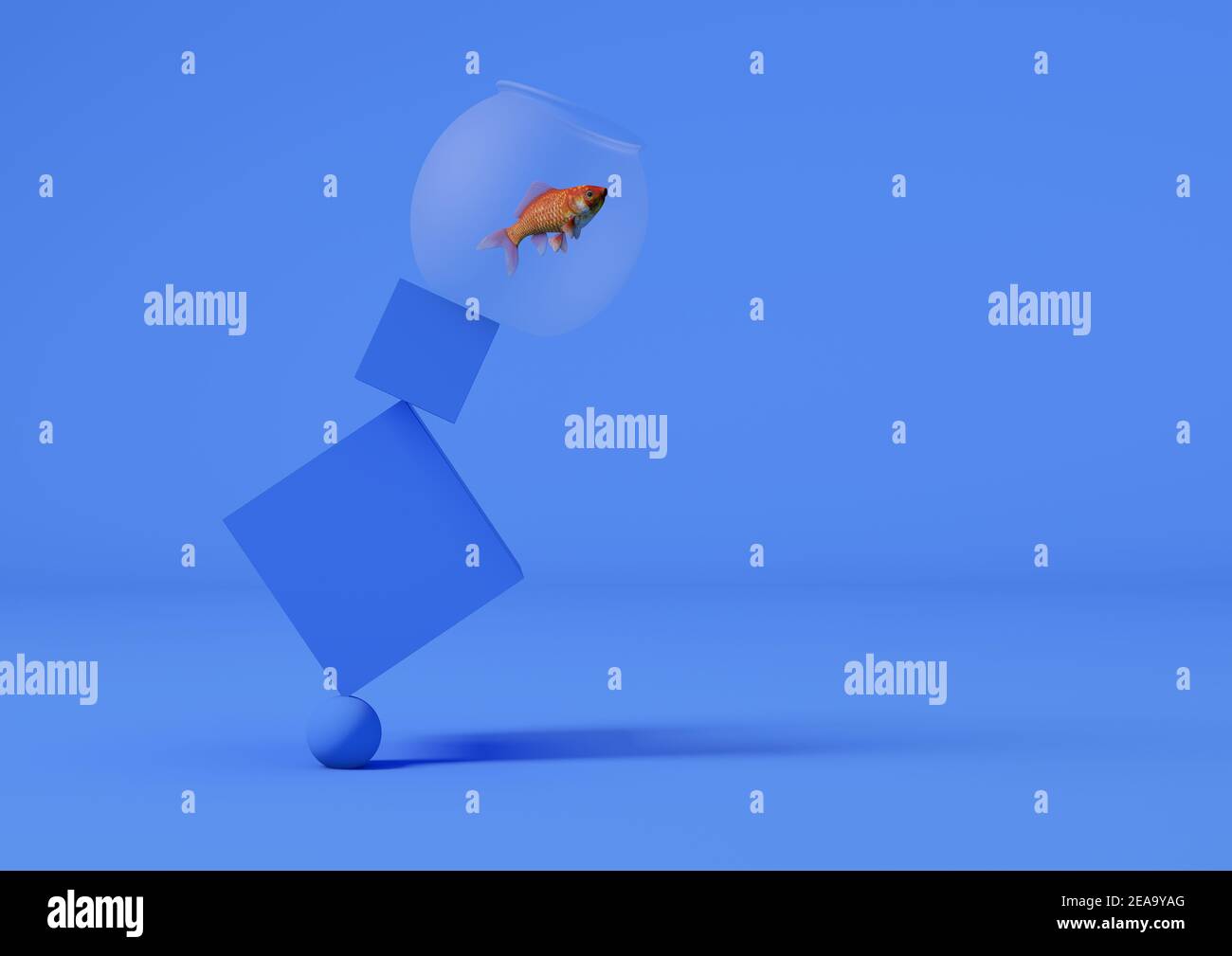 3D rendering of a goldfish in a small aquarium on geometric shapes ...