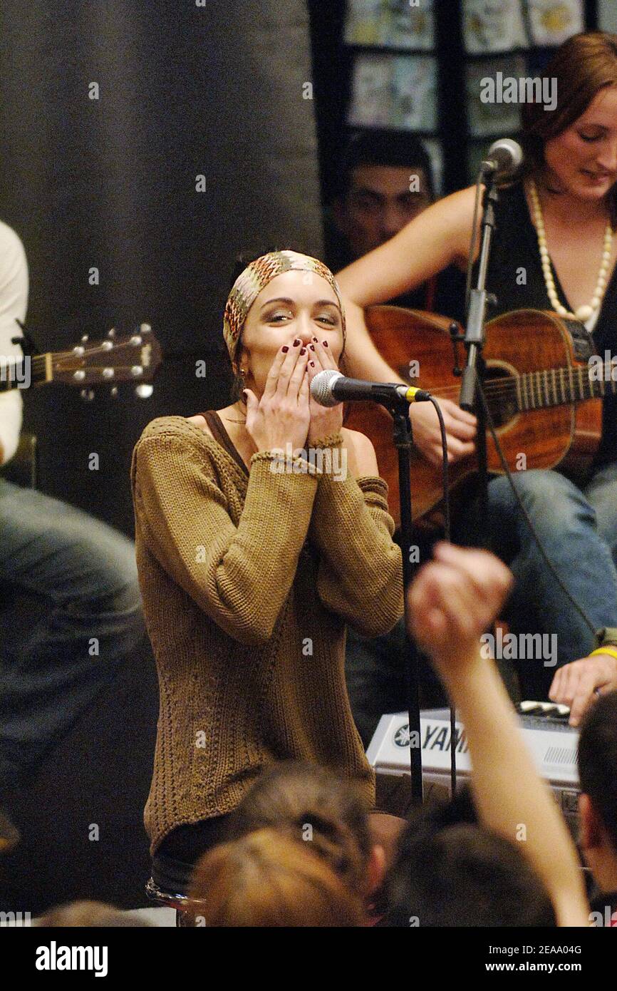 French singer Jenifer performs live during a show case at the Virgin ...