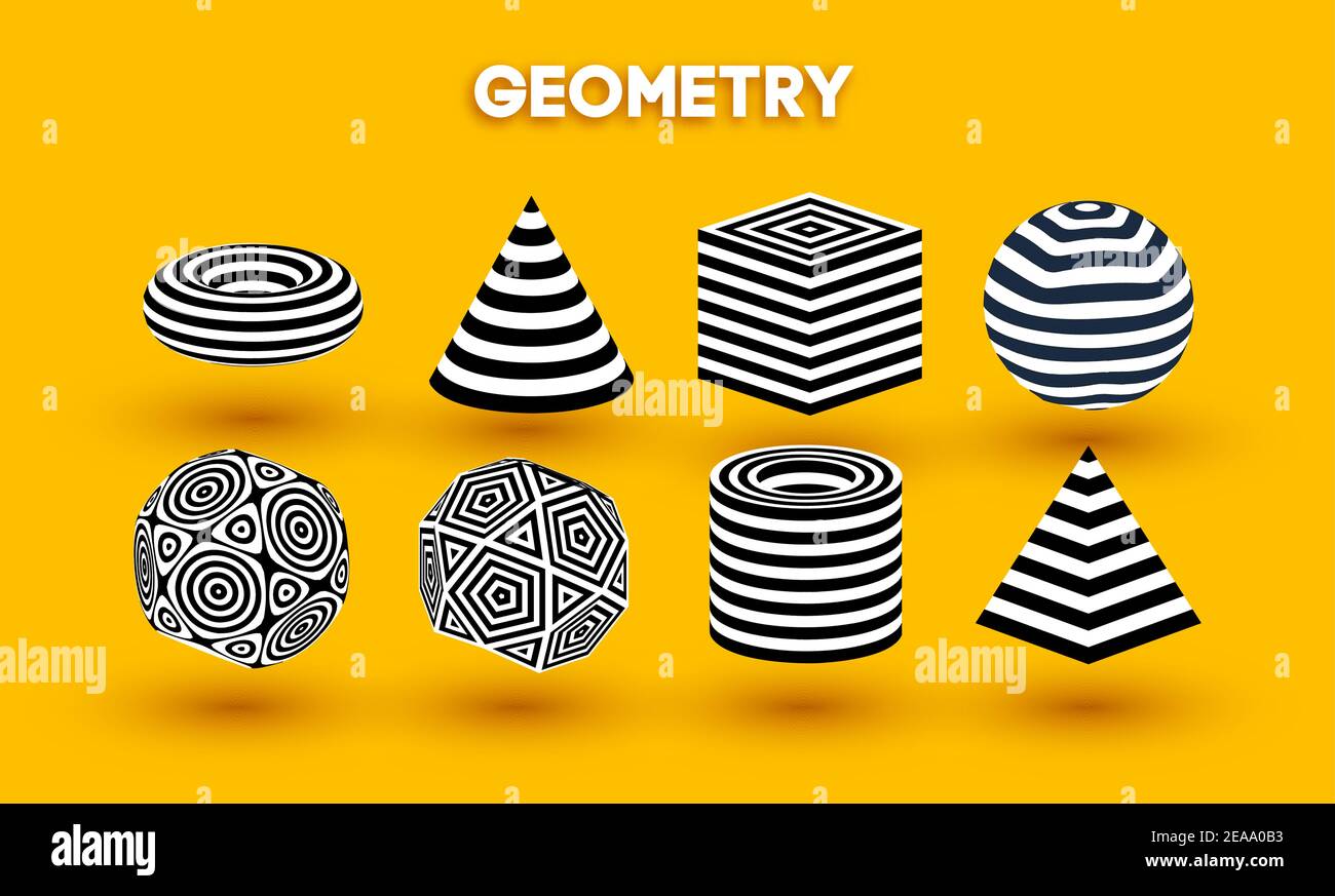 Yellow background optical illusion shapes vector set. Pyramid striped. Cylinder and Cube optical ...