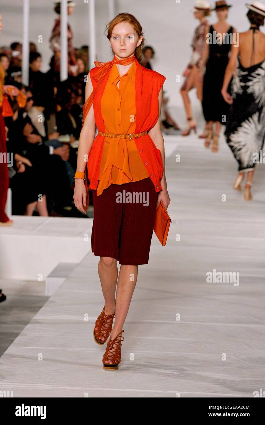 A model wears a creation by Hermes during its Ready-to-wear Spring ...