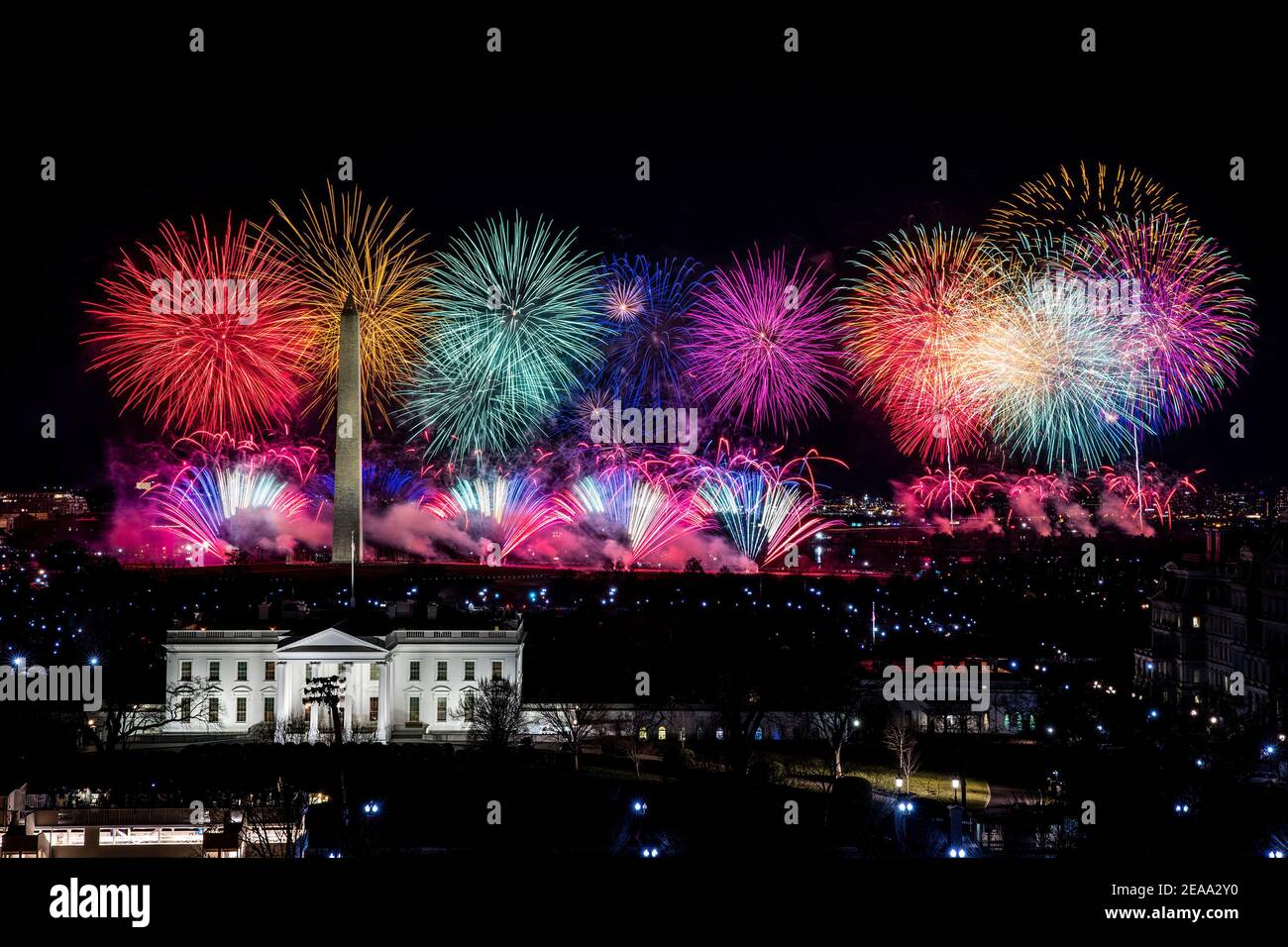 Fireworks illuminate the sky over the White House Wednesday, Jan. 20 ...