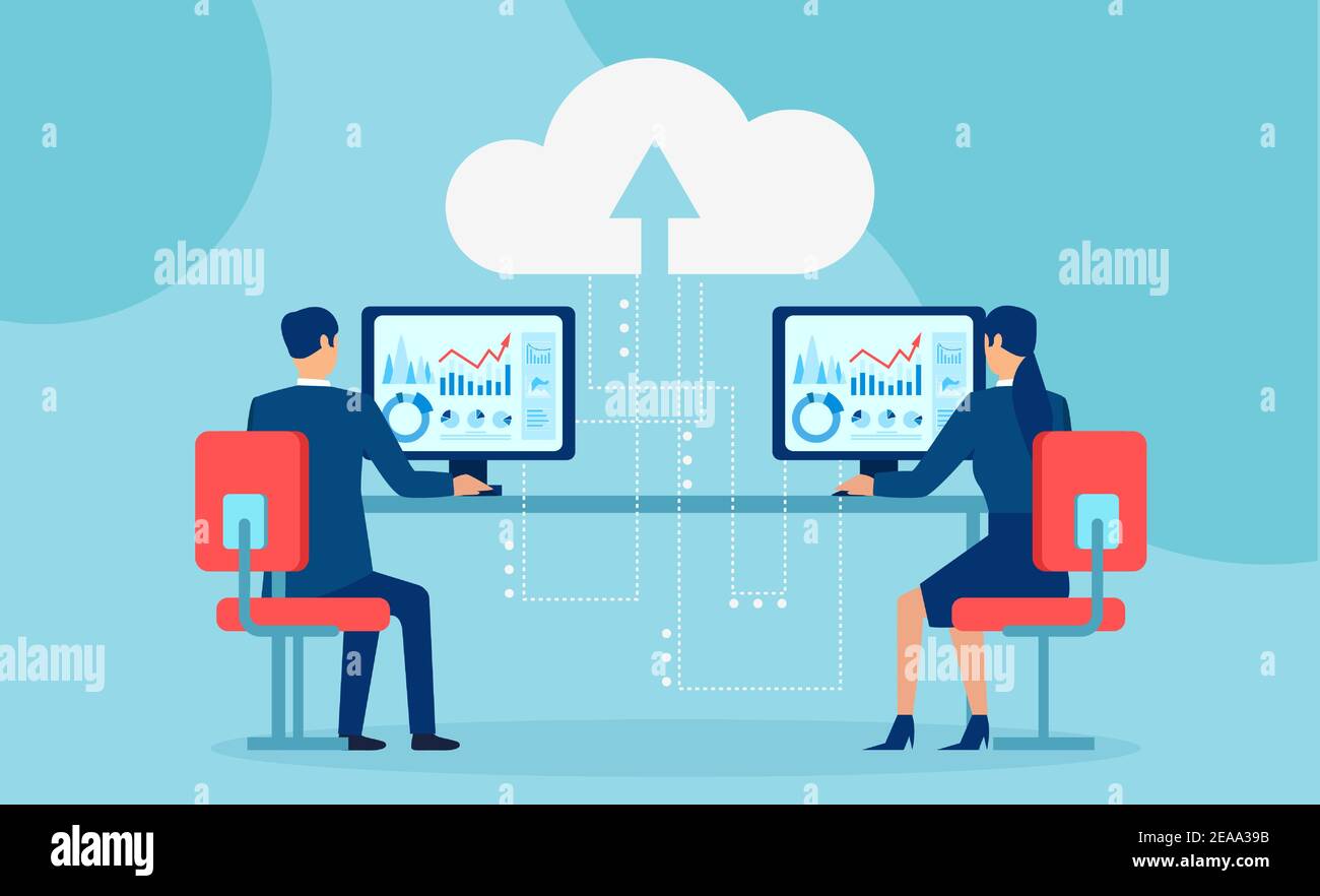 Vector of business people working on computers using cloud service ...