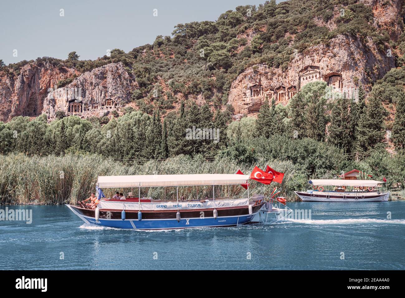 09 September 2020, Dalyan, Turkey: Cruise ships and ferry boats with ...