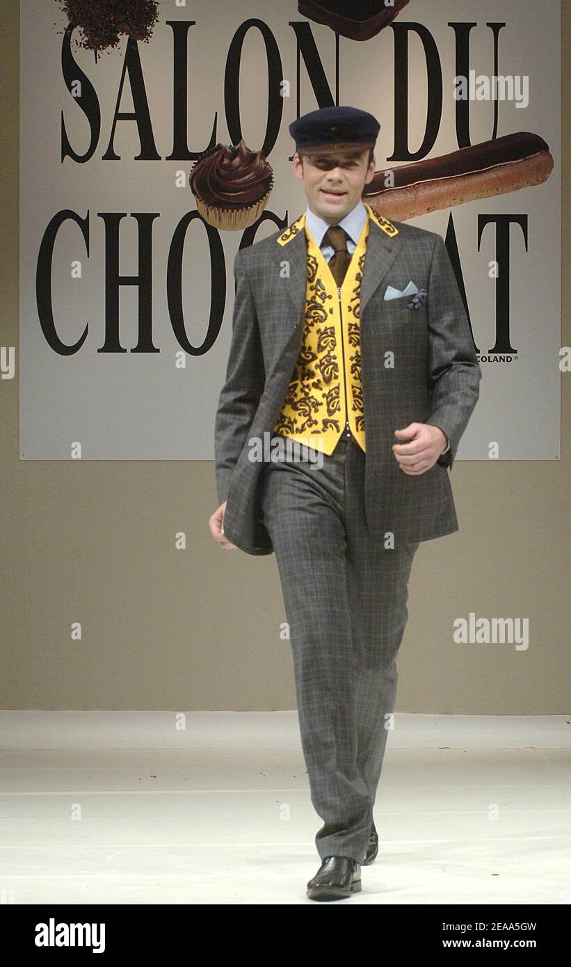 French tv presenter Xavier Anthony displays a chocolate creation at the ...