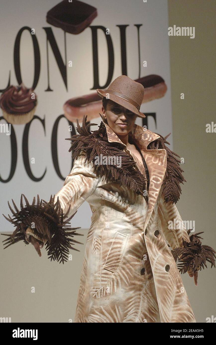 French singer Laam displays a chocolate creation at the opening show of the 11th Chocolate Fair ...