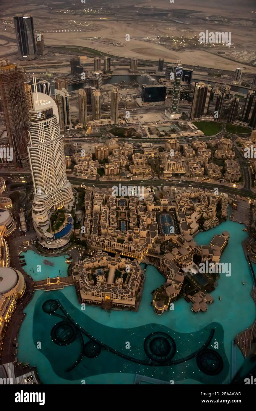 Dubai Fountain and Old Town Island from Burj Khalifa, early evening ...