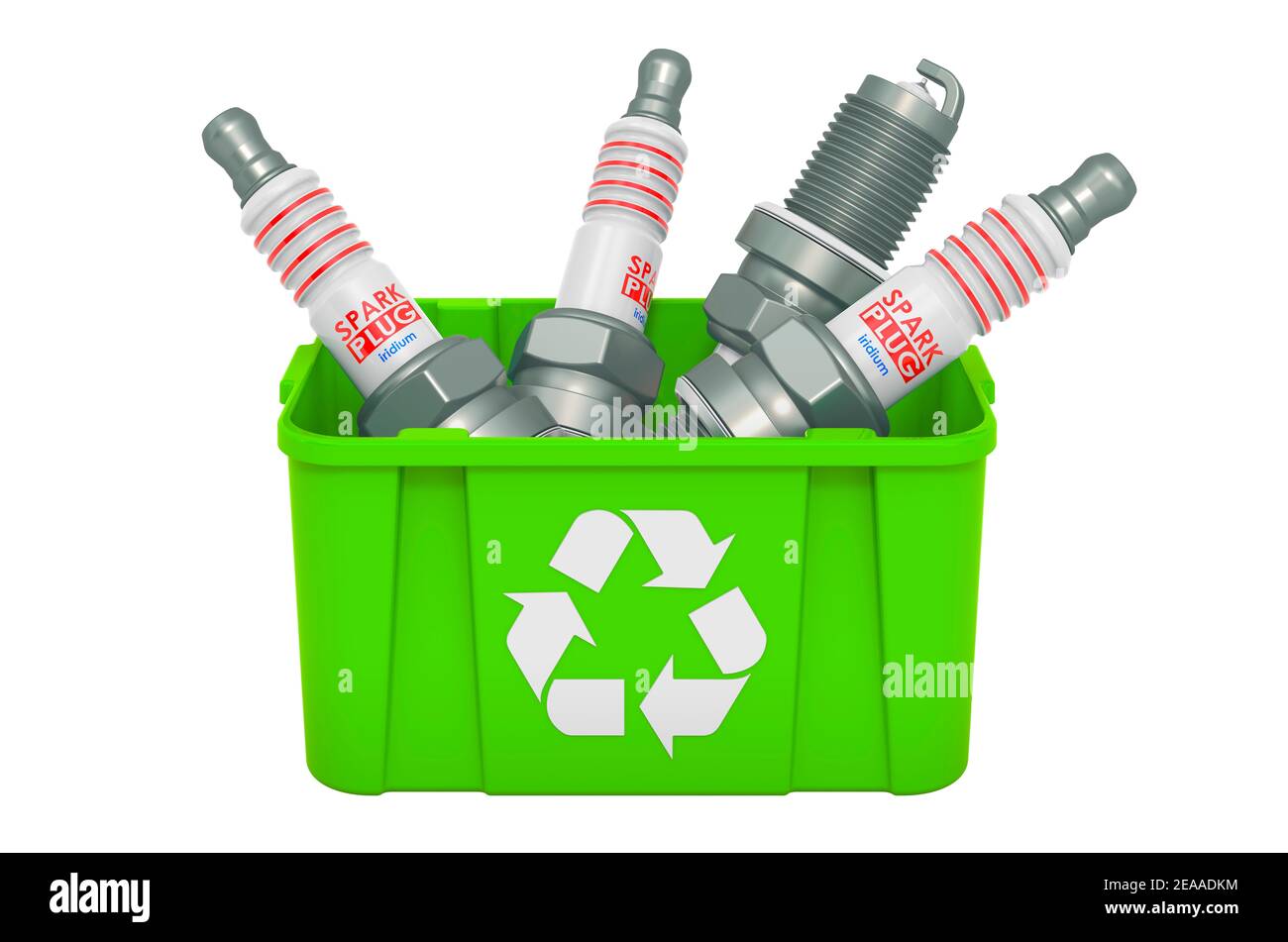 Recycling trashcan with spark plugs, 3D rendering isolated on white ...