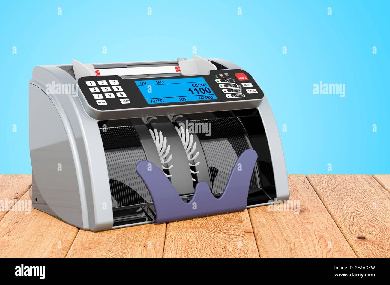 Money counting machine, currency counter on the wooden planks, 3D ...