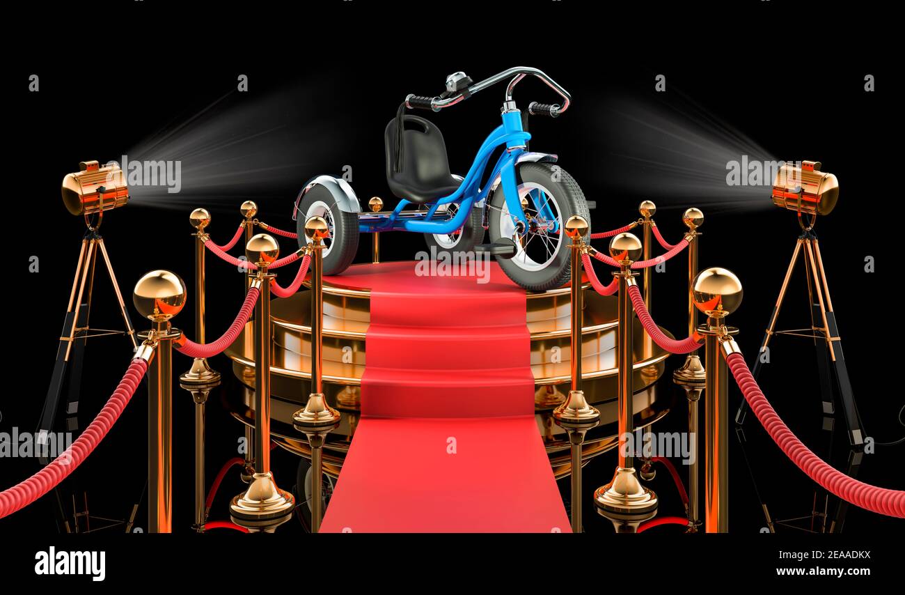 Podium with tricycle kids bicycle, 3D rendering isolated on black ...