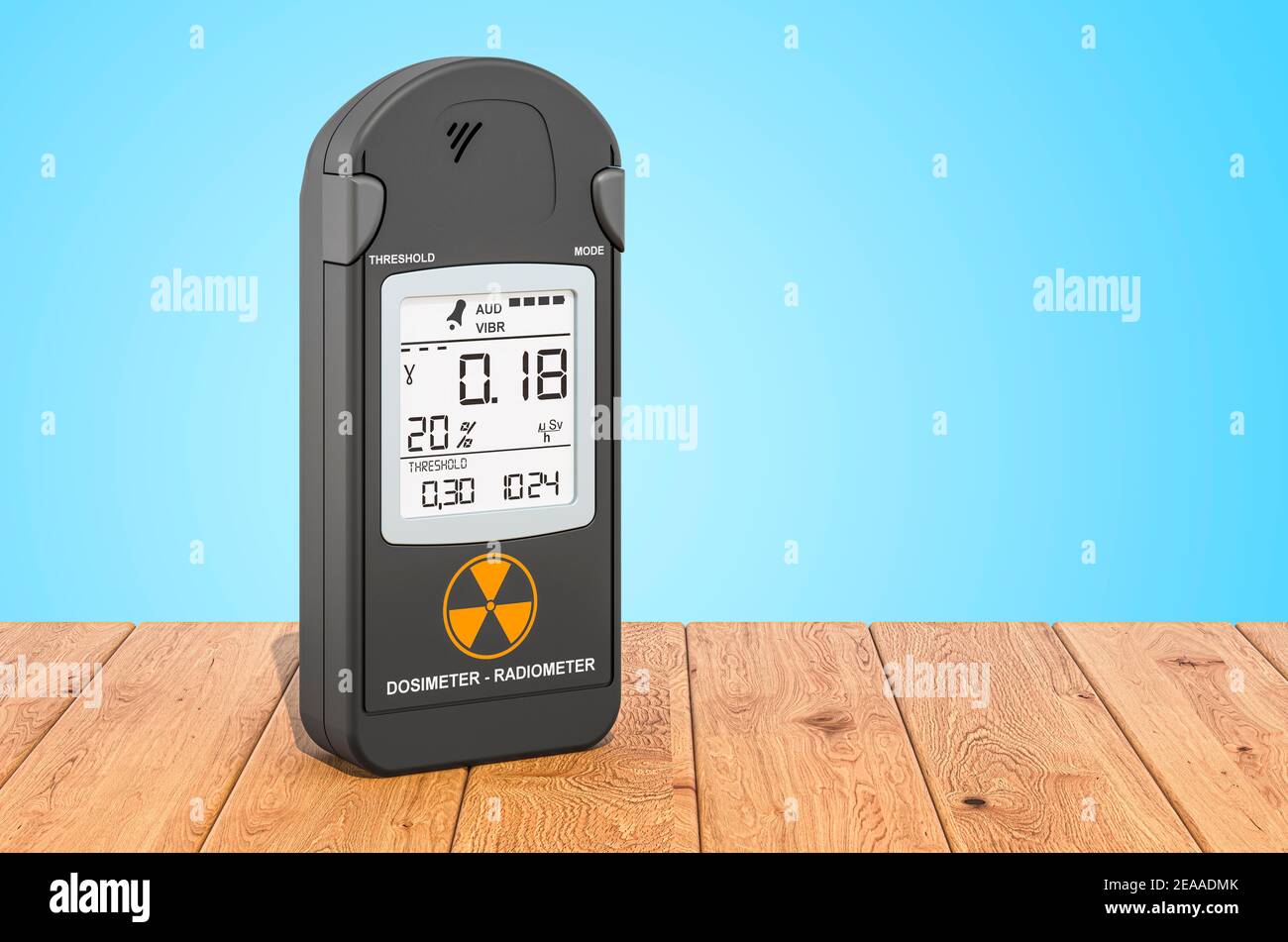 Gamma Radiation Personal Dosimeter on the wooden planks, 3D rendering ...