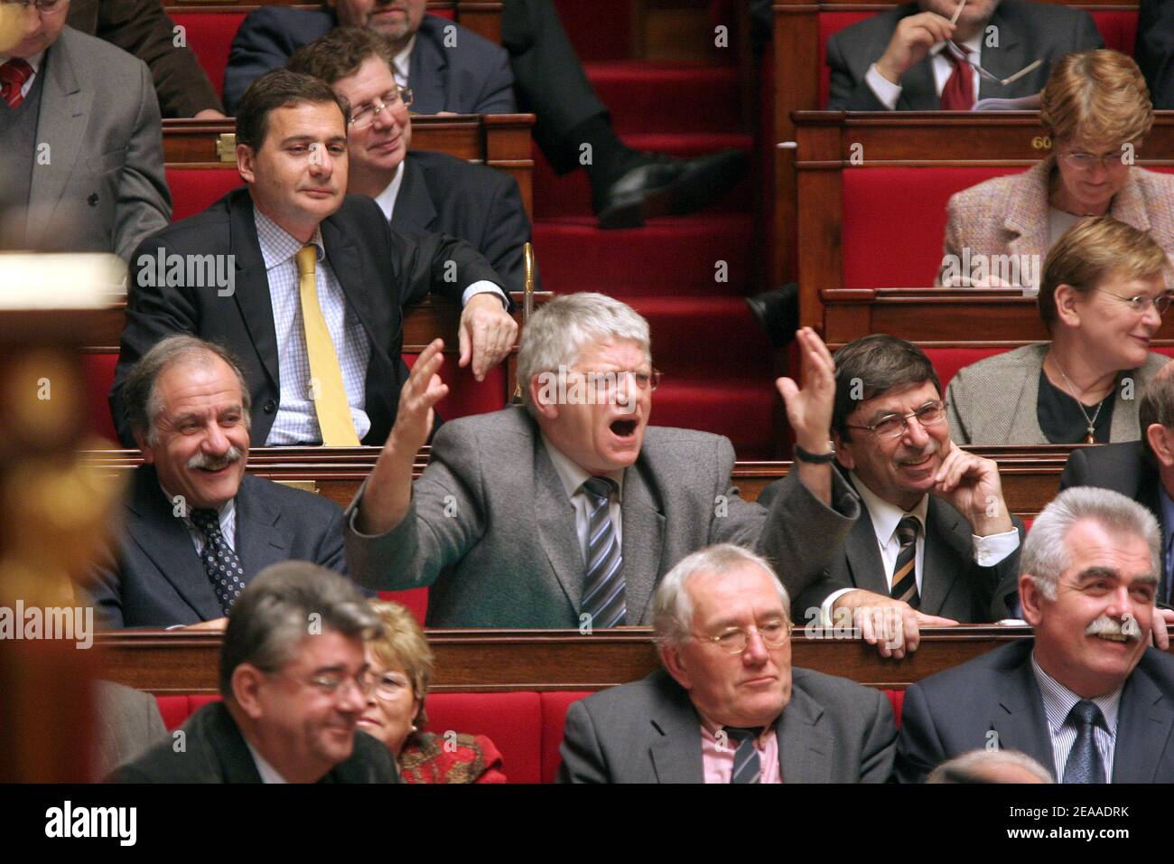 French MP Noel Mamere and Maxime Gremetz at the National Assembly in ...