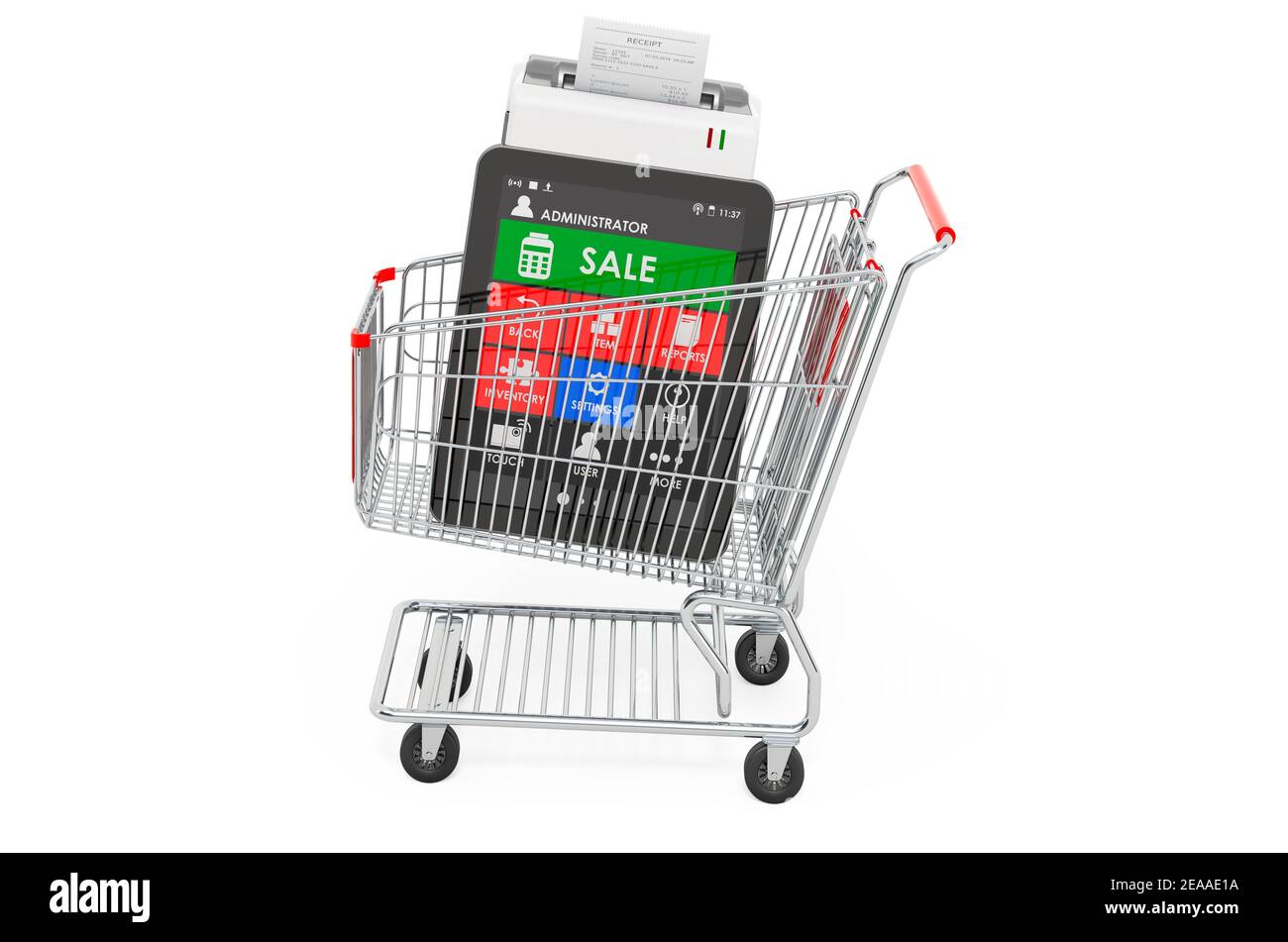 Shopping cart with online cash register. 3D rendering isolated on white ...