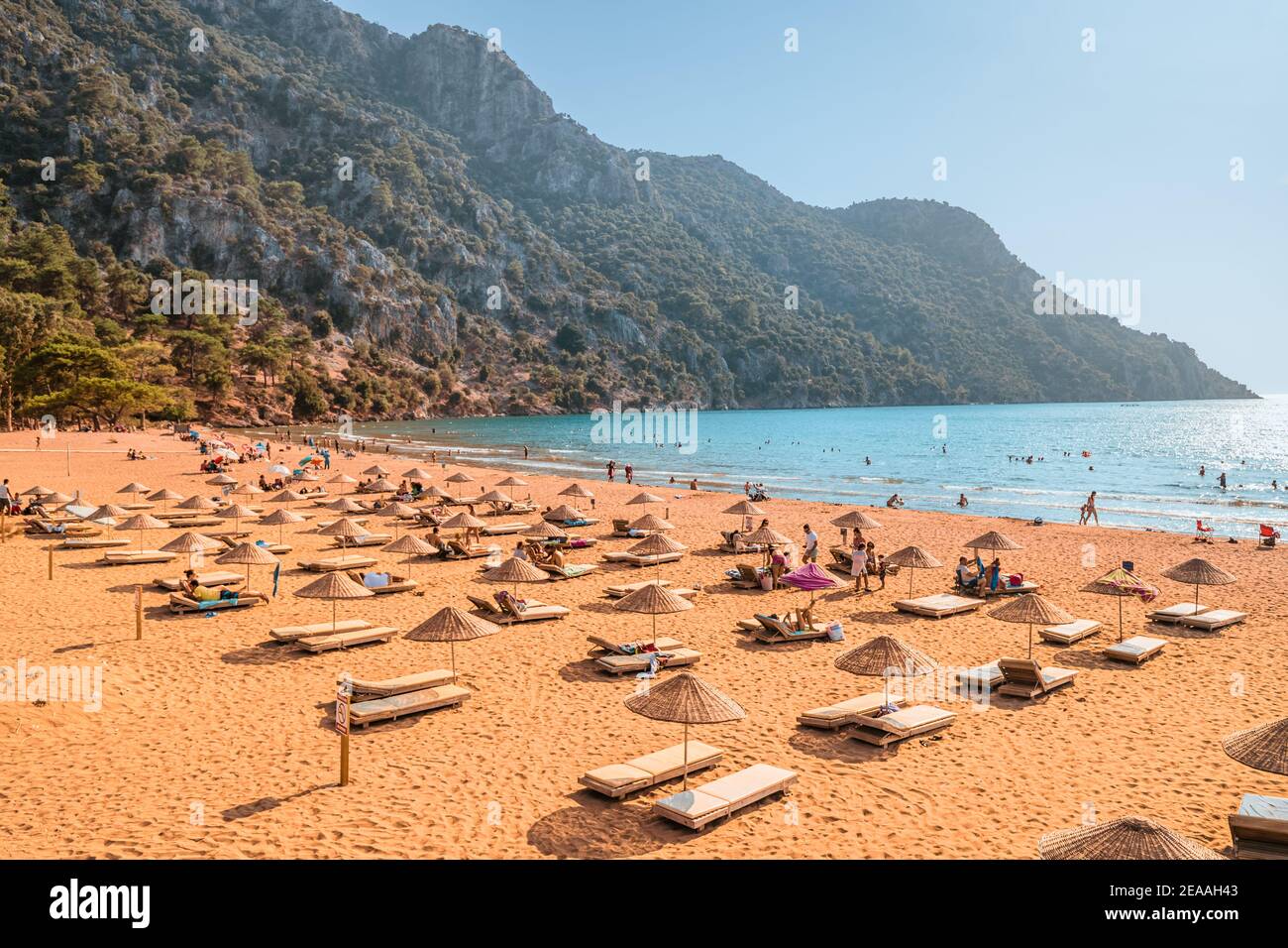 09 September 2020, Dalyan, Turkey: Aerial view of a popular resort ...