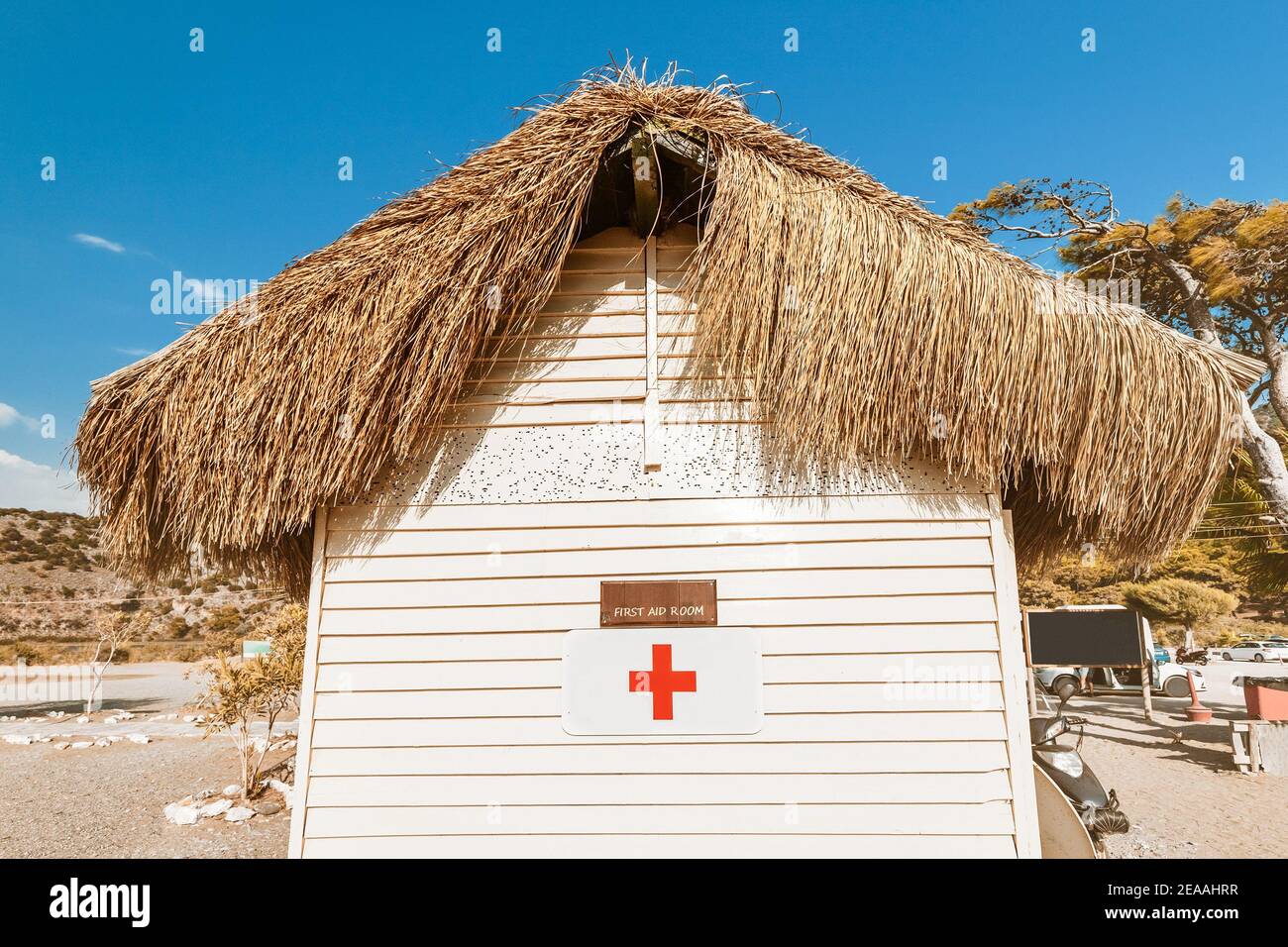 First aid medical room on a public beach in a resort area in the form ...