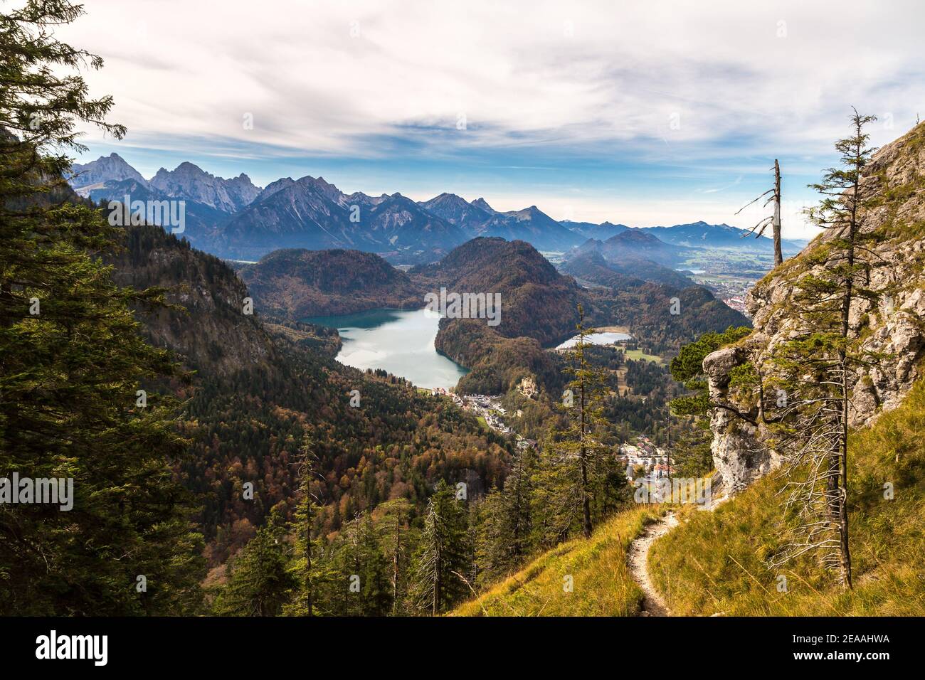 Alps and lakes in a summer day in Germany. Taken from the hill next to ...