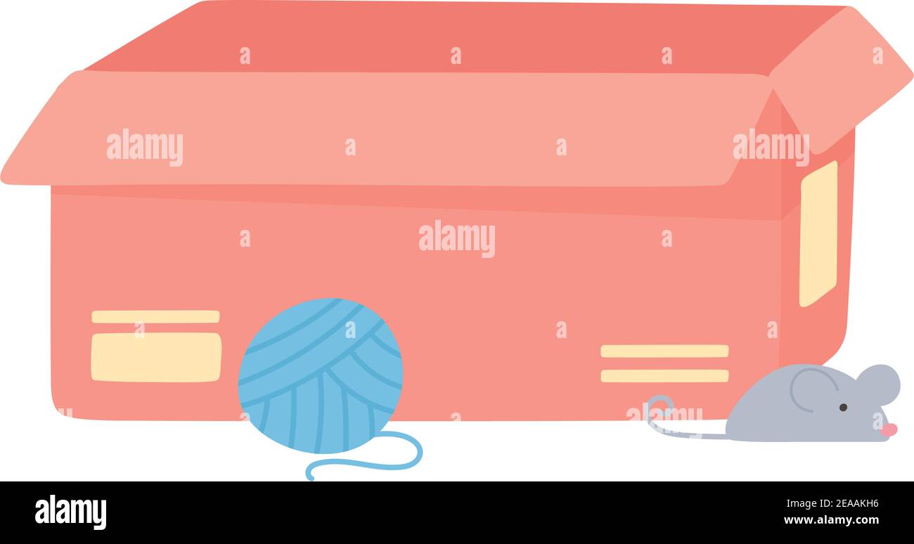 pet cardboard box wool ball and mouse toys vector illustration Stock ...