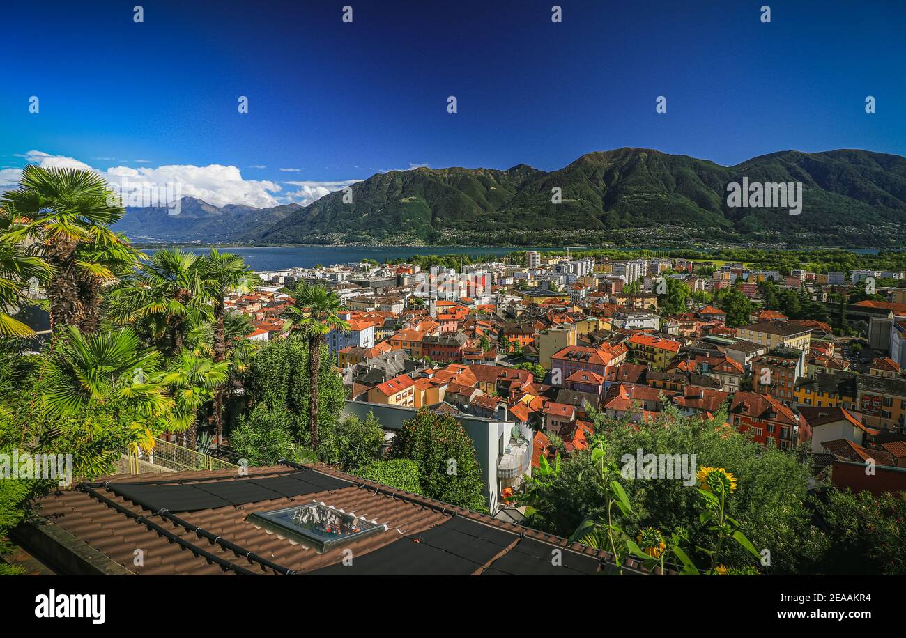 above Locarno city switzerland during summer season with blue sky and ...