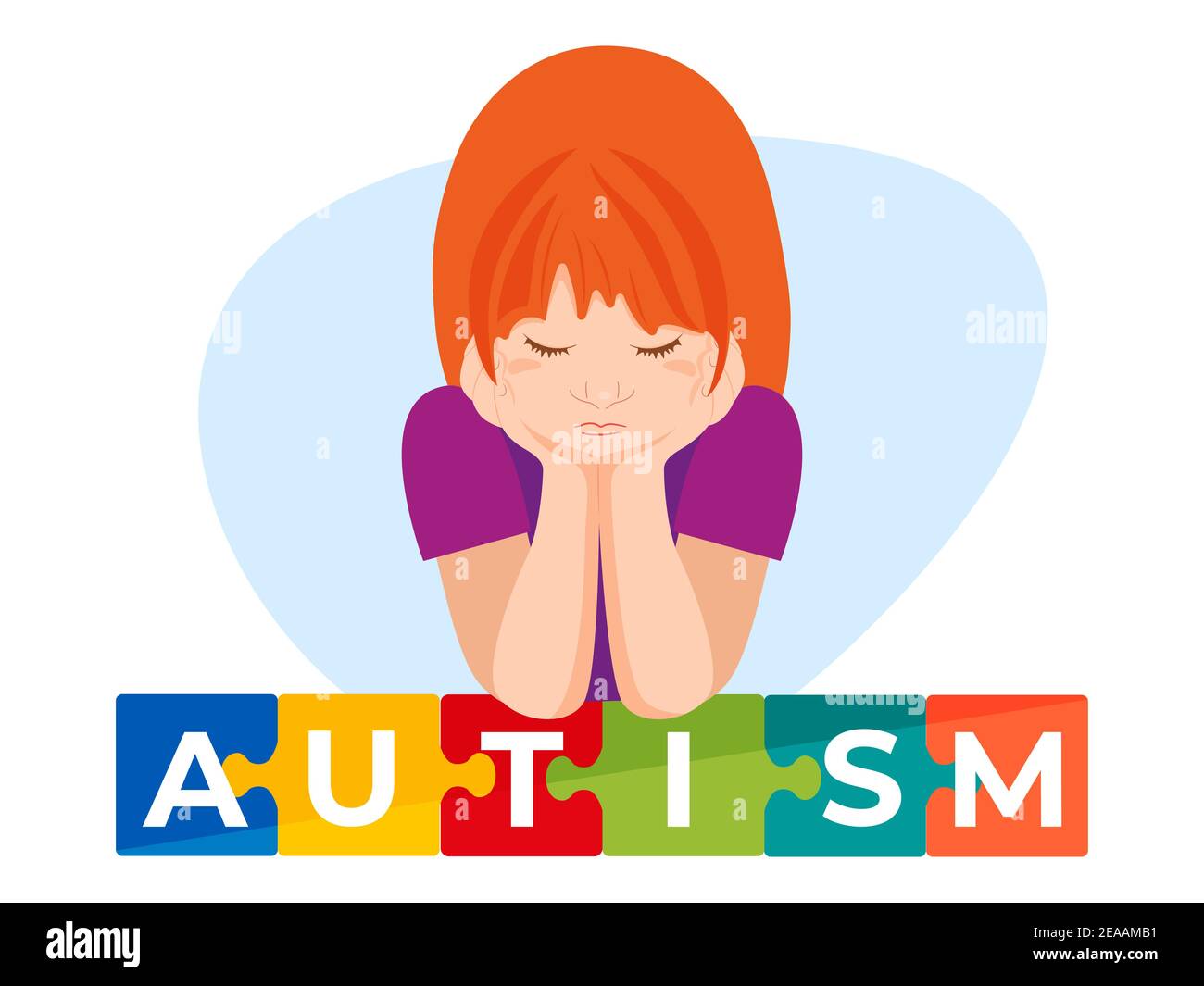 Puzzle with Autism sign. Sad kid girl sitting and thinking alone Stock ...
