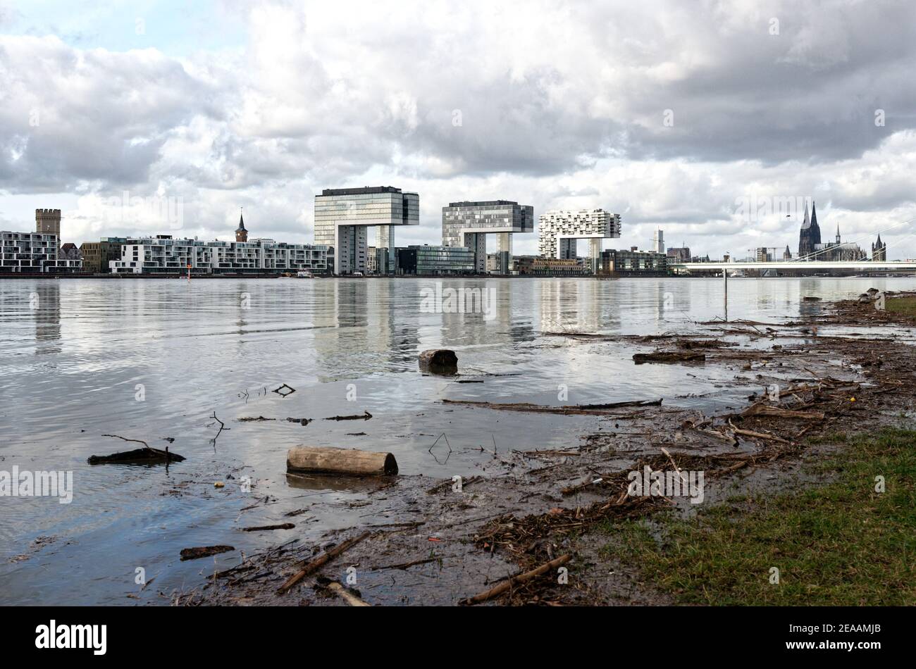 Cologne, Germany - February 04, 2021: flood of river rhine in cologne ...