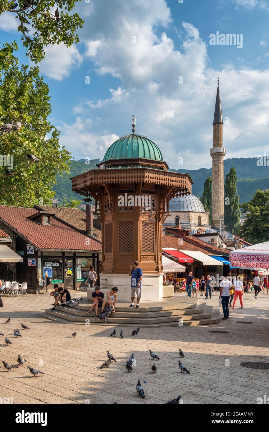 Bascarsija square with Sebilj wooden fountain in Old Town Sarajevo in ...