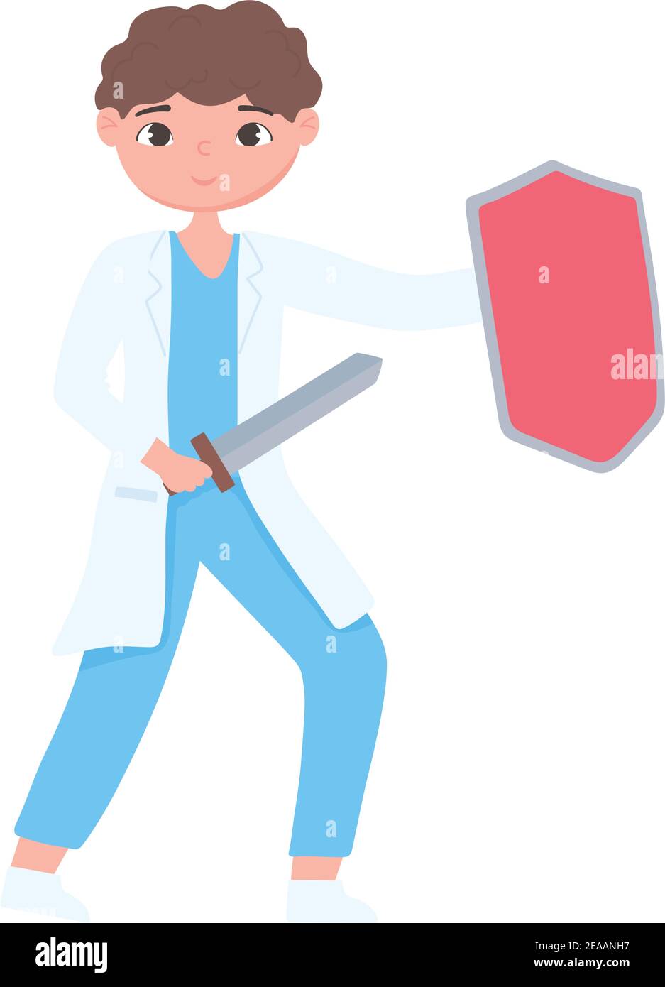 cartoon male doctor with sword and shield vaccine medical design vector ...