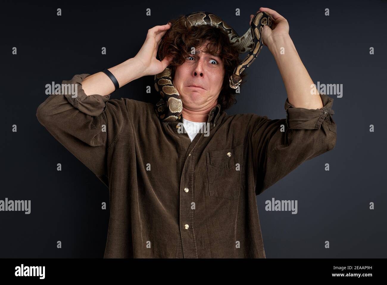 snake climbed on man's head, man is even more afraid, he feels danger ...