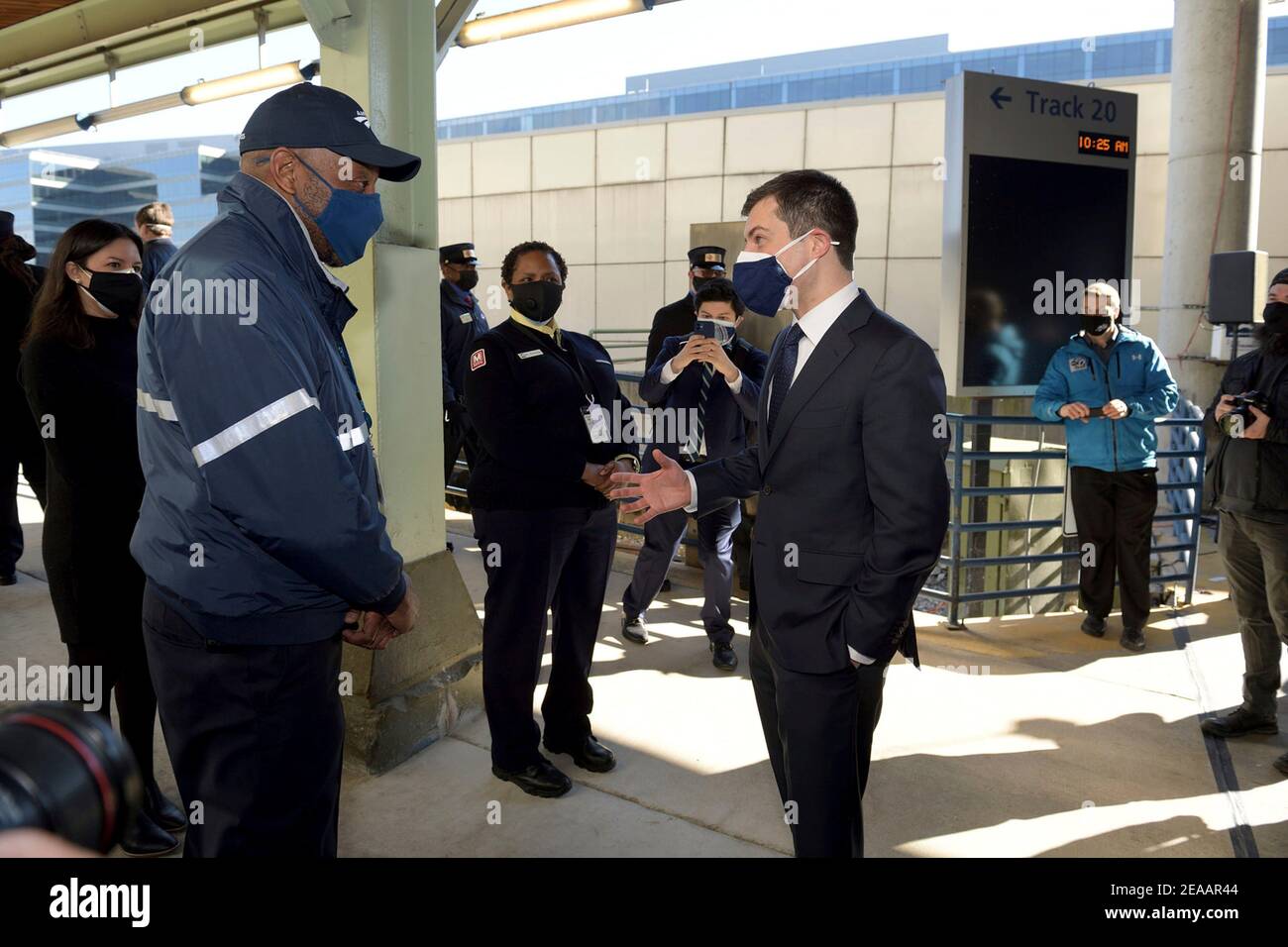 U.S Transportation Secretary Pete Buttigieg speaks with transit and ...