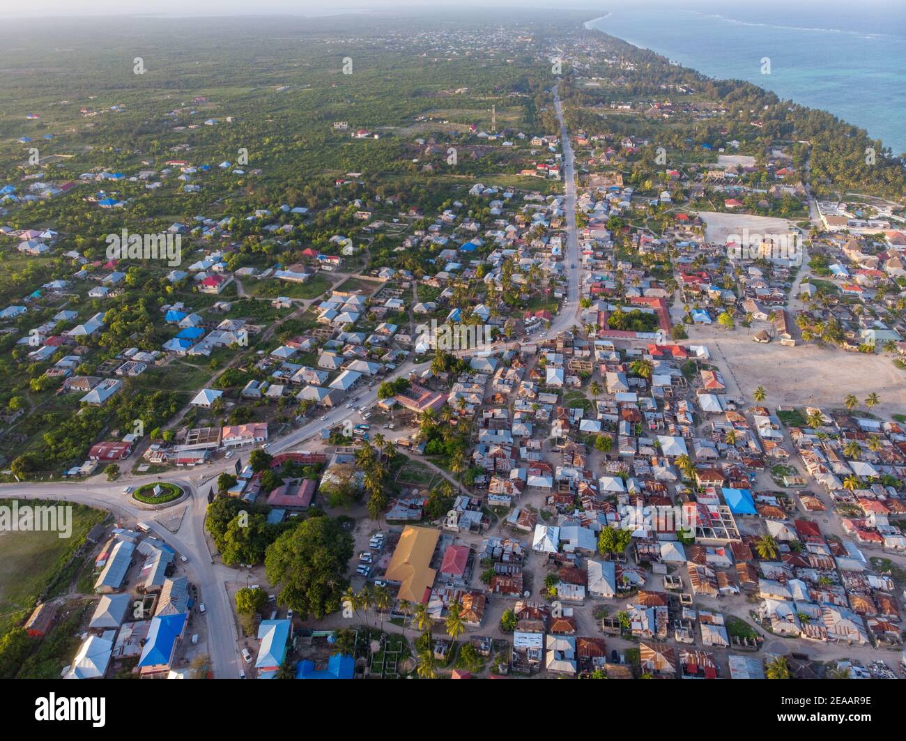 Aerial view on Township Poor Houses favelas in Paje village, Zanzibar ...