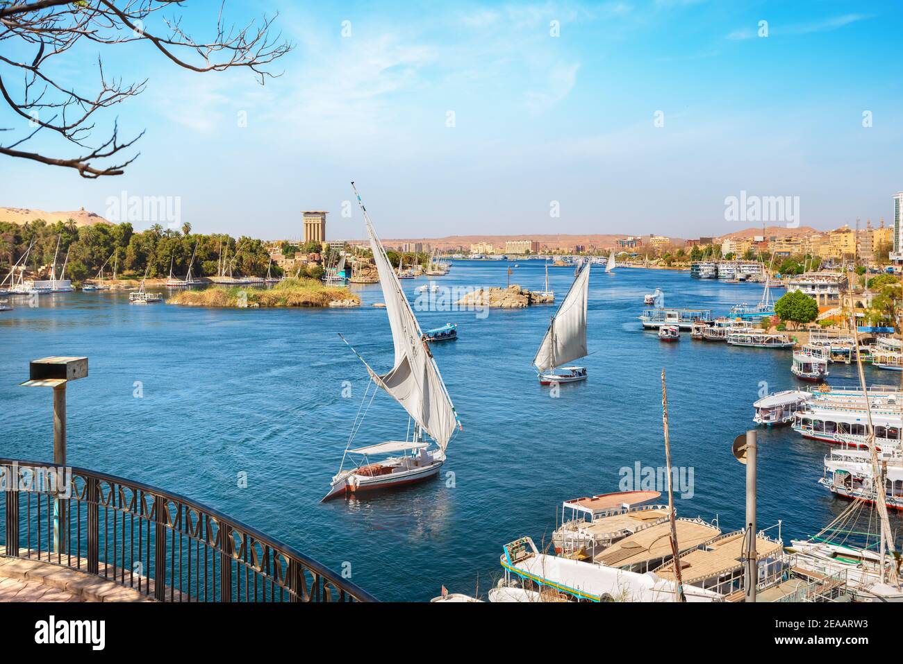 River Nile and boats at sunset in Aswan Stock Photo - Alamy