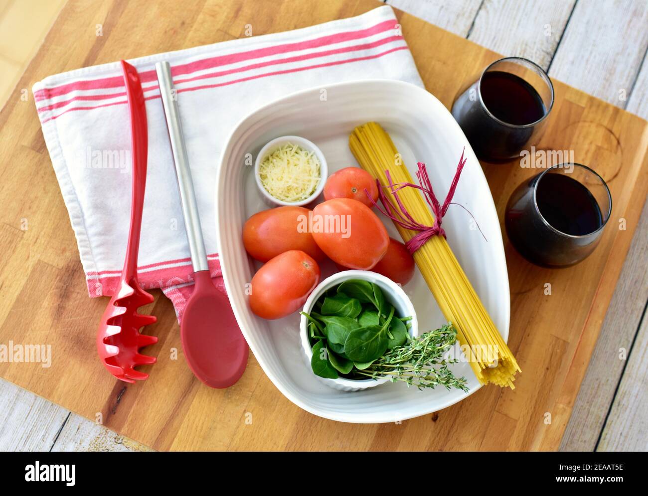 Simple fresh ingredients and pasta noodles ready to make easy one pot ...