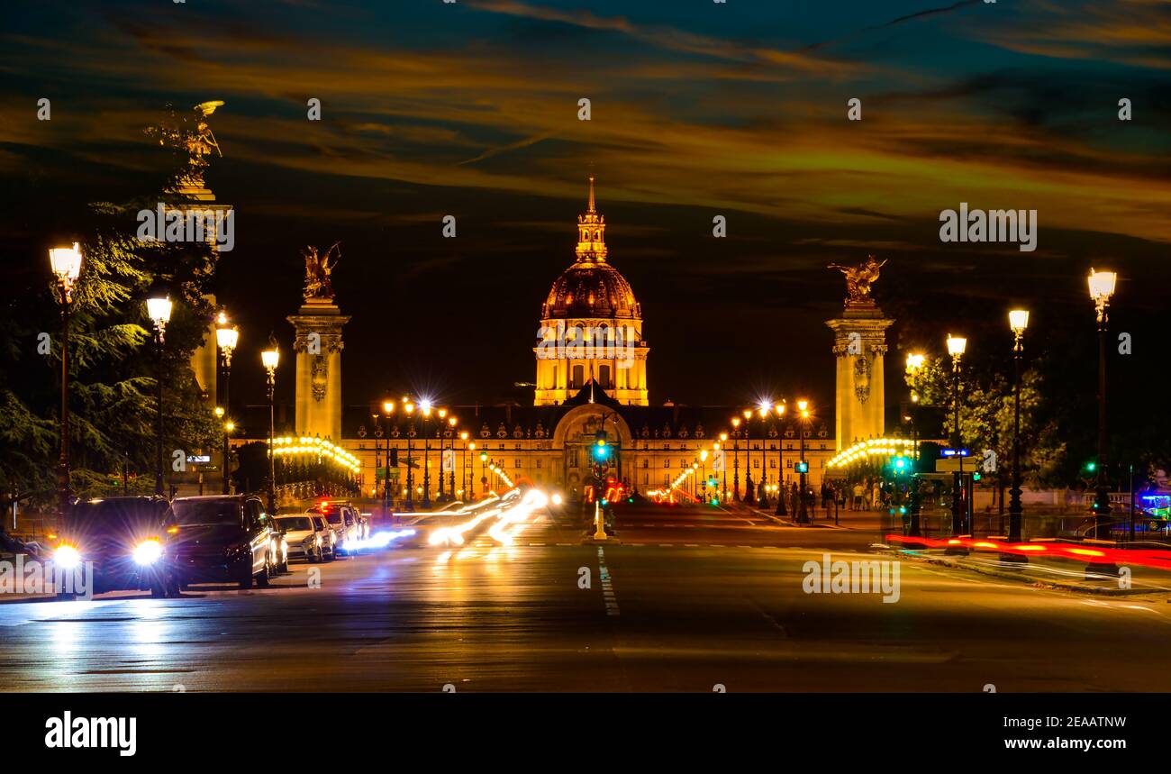 Les Invalides illuminated at night in Paris, France Stock Photo - Alamy