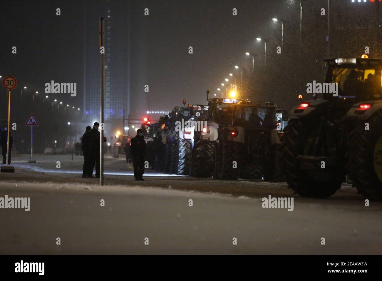 Berlin, Germany. 08th Feb, 2021. Protest parade with tractors on Karl ...