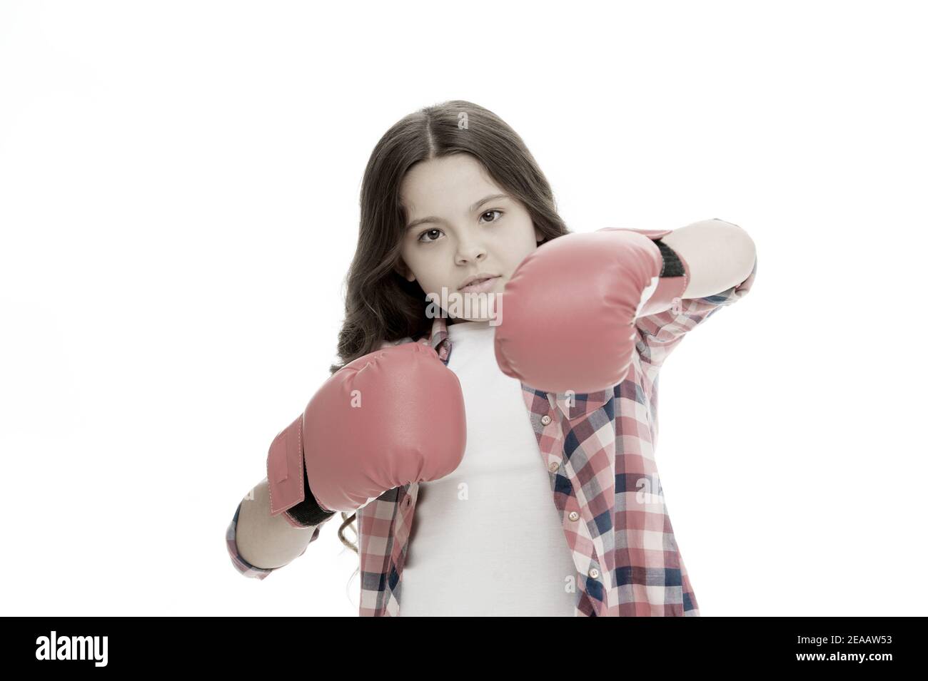 Girl power concept. Kid boxing gloves isolated white. Child boxer ...