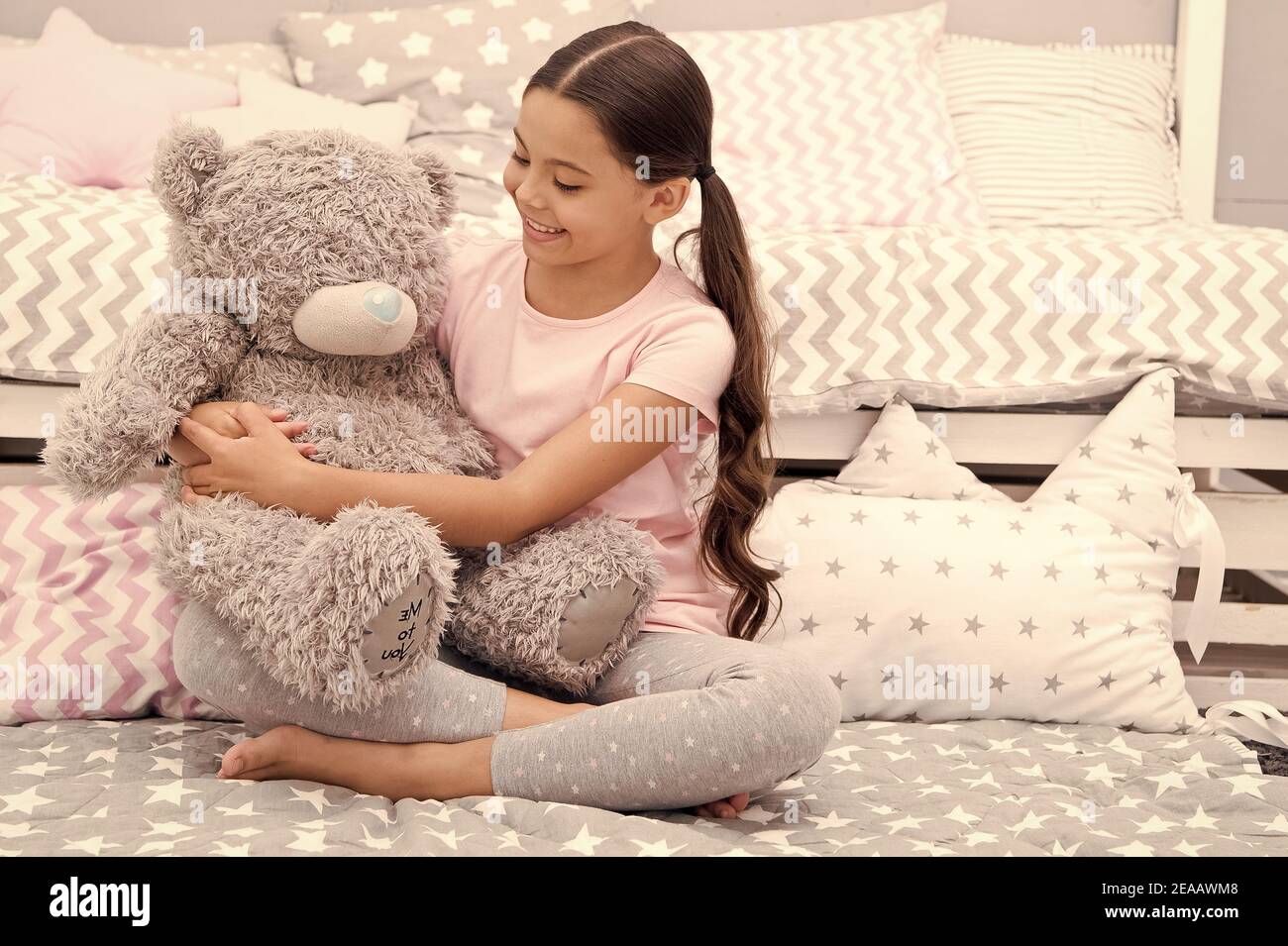 Free hugs. Happy kid cuddle teddy bear. Small kid enjoy playing with ...
