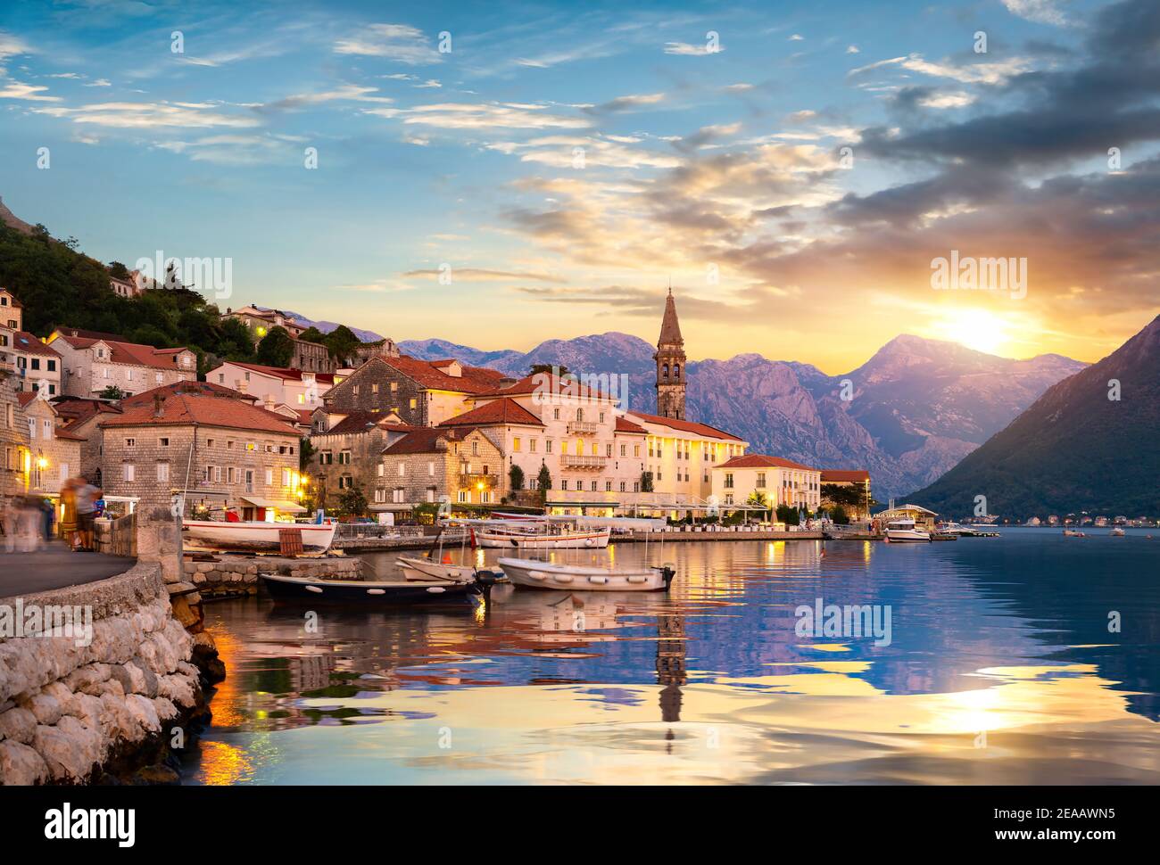 Historic city of Perast in the Bay of Kotor in summer at sunset Stock ...