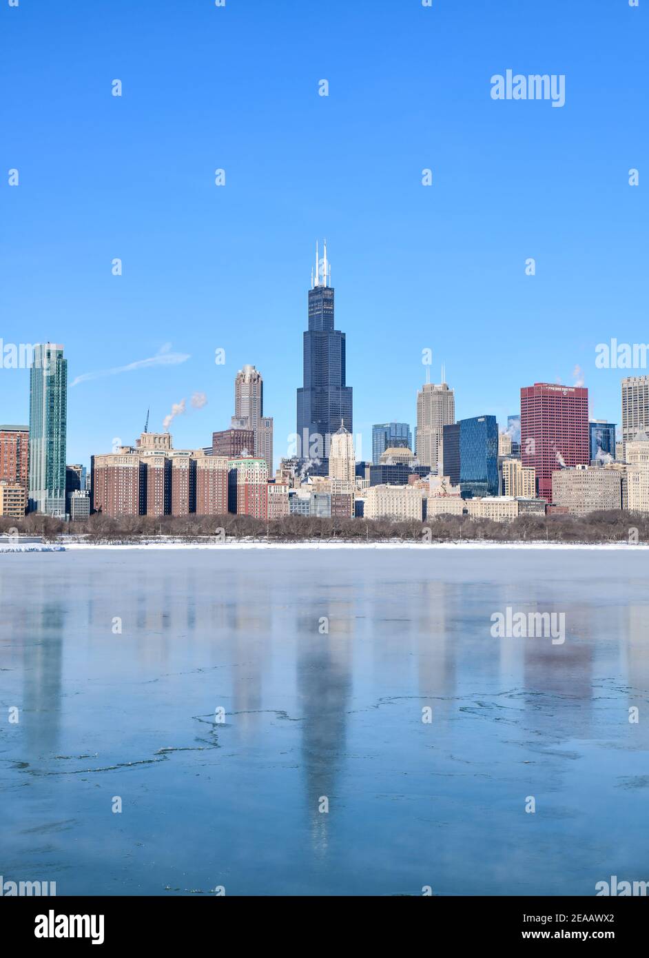 Chicago city skyline along frozen lakeshore in winter Stock Photo - Alamy