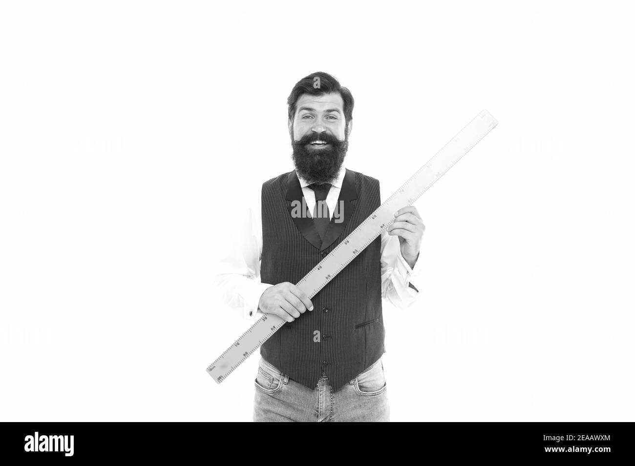 Happy school teacher hold ruler for geometry lesson isolated on white ...