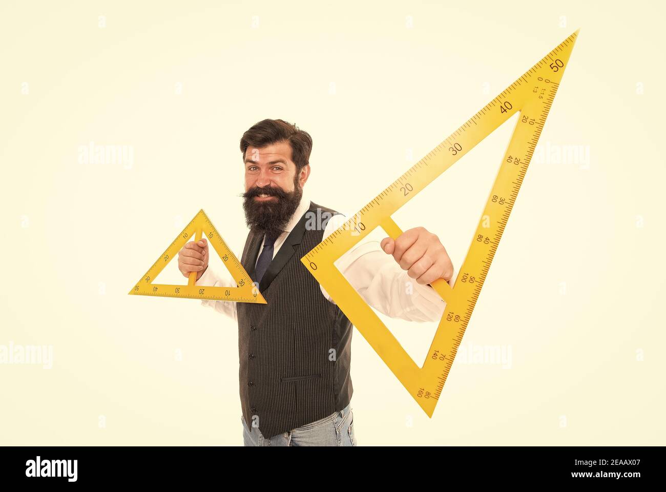 What is triangle. Bearded man hold triangles isolated on white. School ...