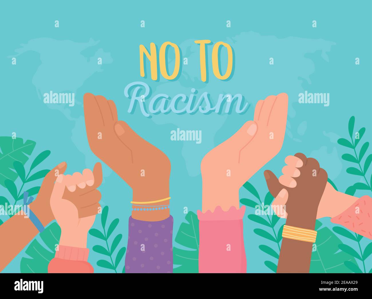 black lives, diverse hands raised no to racism vector illustration ...