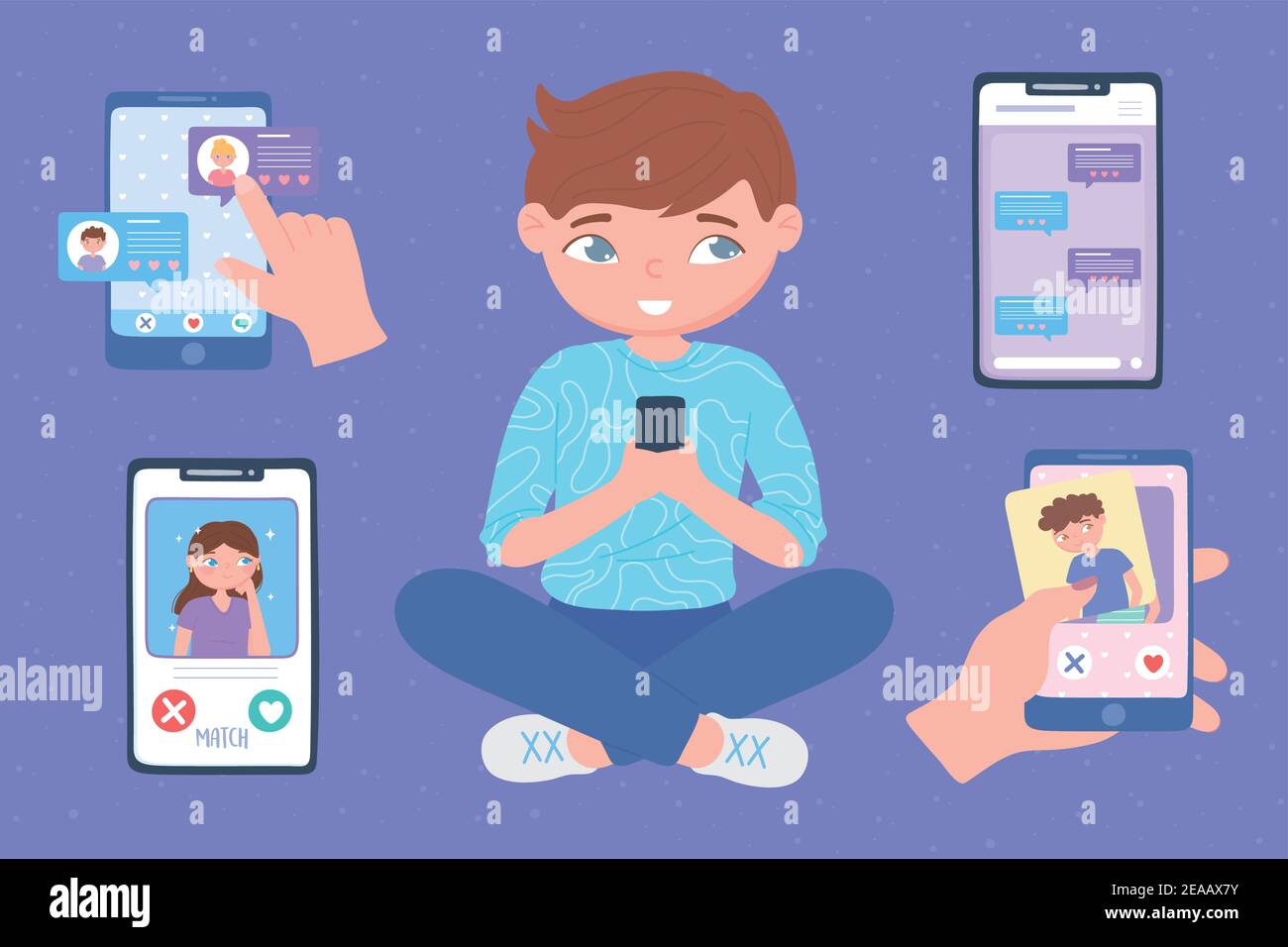 boy with mobile, smartphone chat message and dating application vector ...