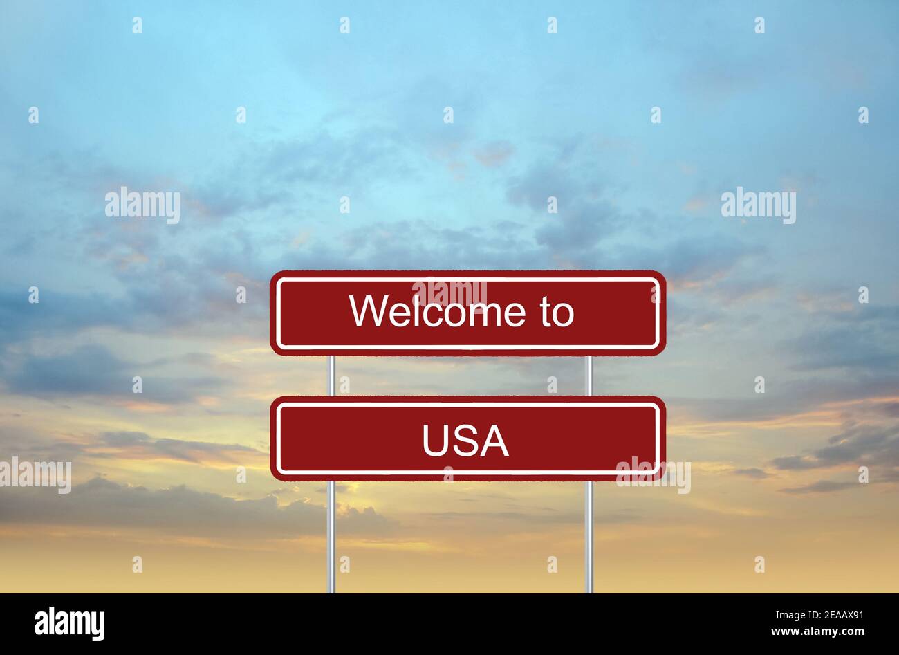 Red Welcome to USA road sign with the beautiful sunset sky in the ...