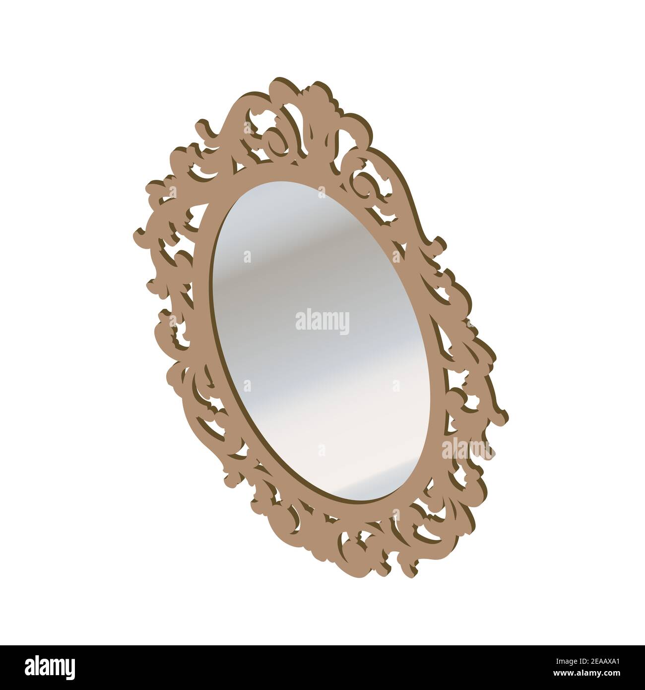 Isometric mirror in wooden frame isolated on white background. Two wall ...