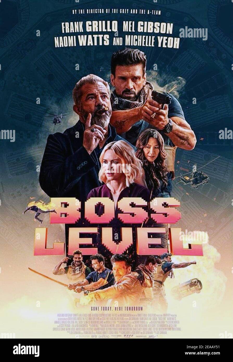 BOSS LEVEL, poster, from left: Mel Gibson, Naomi Watts, Frank Grillo, Michelle Yeoh, 2021 ...