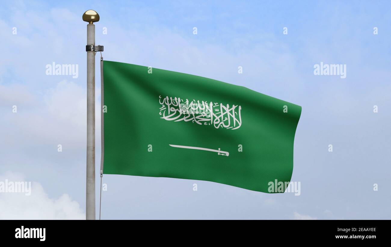 Kingdom Saudi Arabia flag waving in wind with blue sky. KSA banner ...