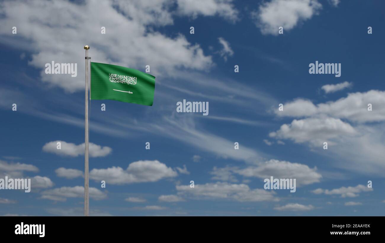 Kingdom Saudi Arabia flag waving in wind with blue sky. KSA banner ...