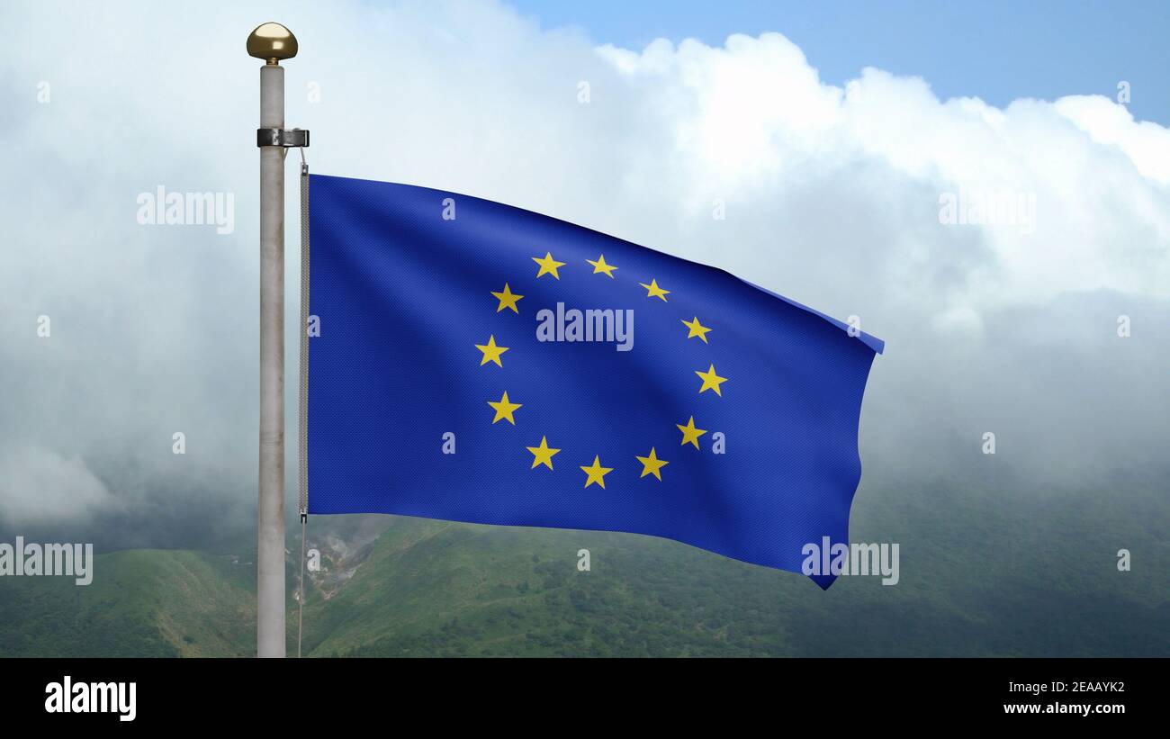 European Union flag waving in wind at mountain. Close up of Europe ...