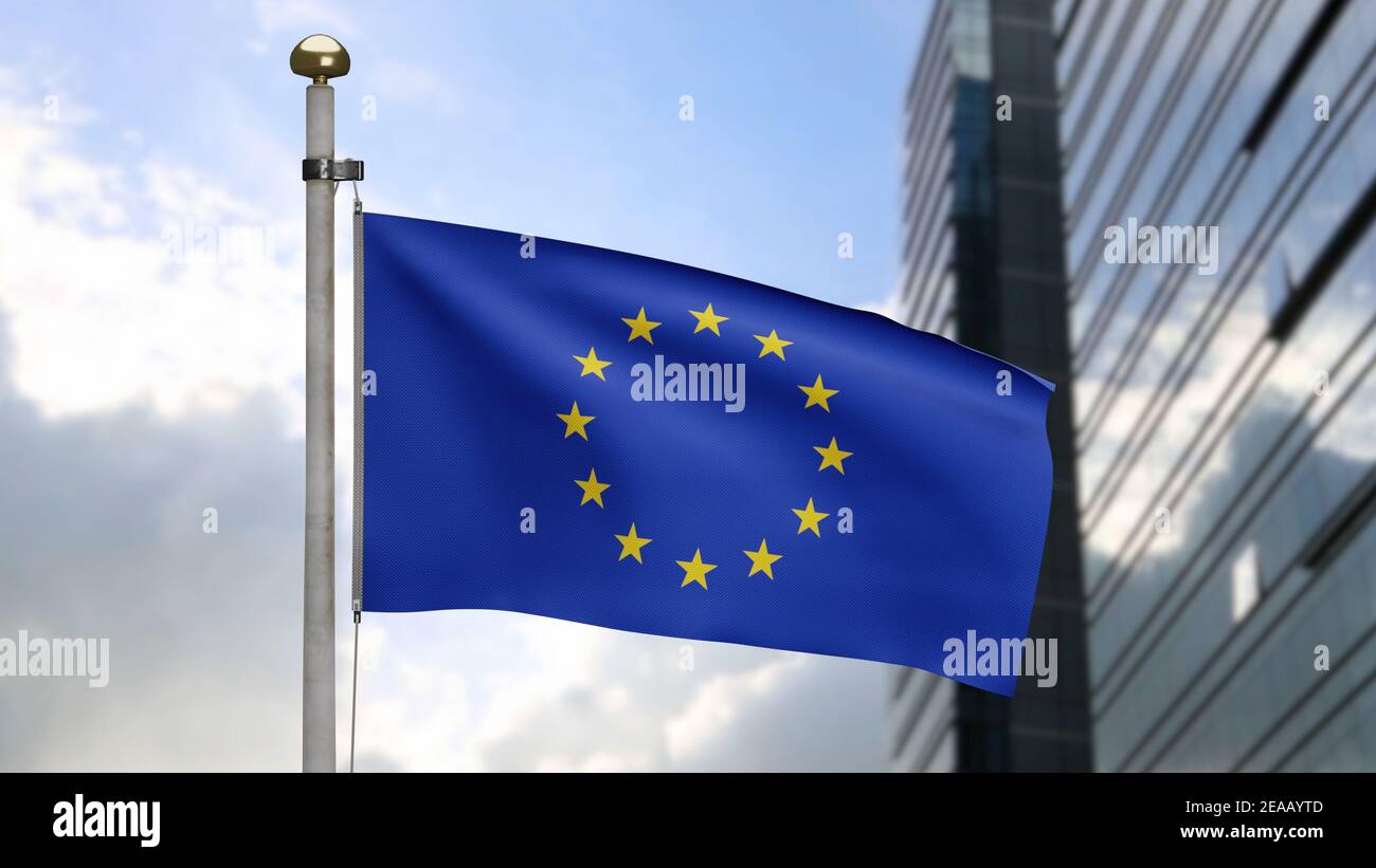 European Union flag waving in wind at city. Close up of Europe banner ...